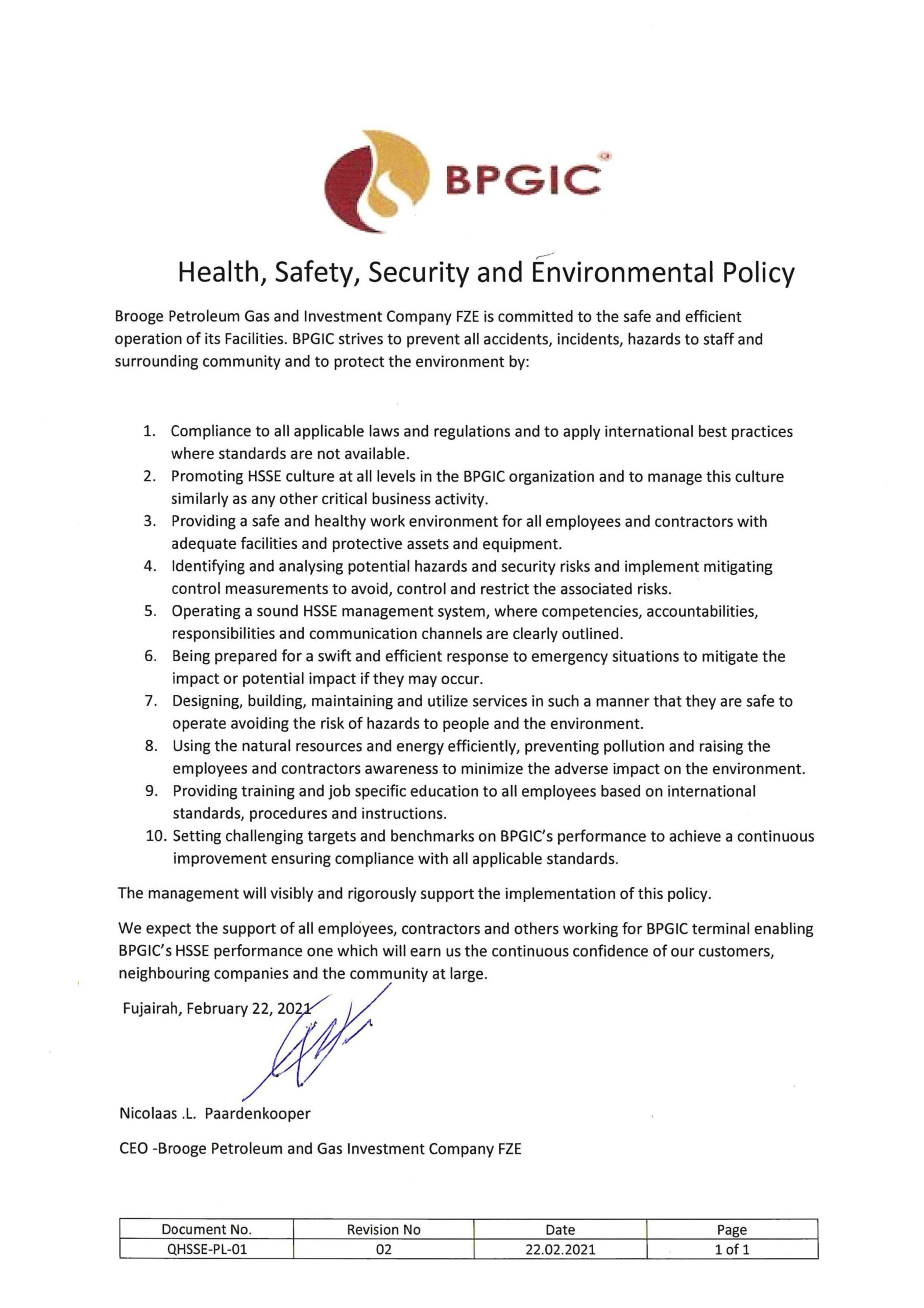HSSE Policy – BPGIC – Leading Independent Oil Storage Comapny